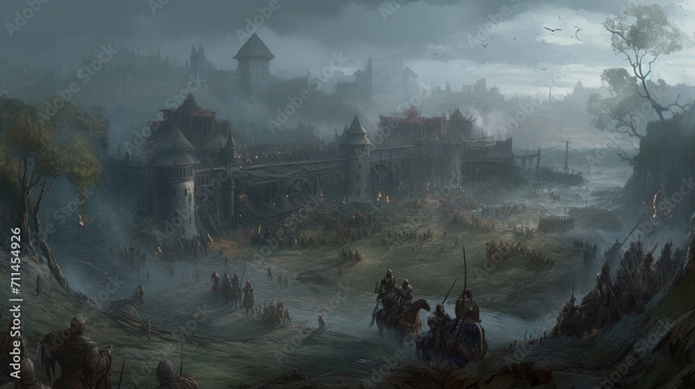 An intricate and grand-scale battle scene showcasing armies, mythical ...