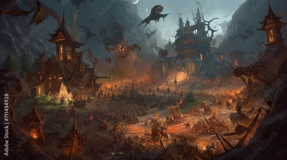 An intricate and grand-scale battle scene showcasing armies, mythical ...