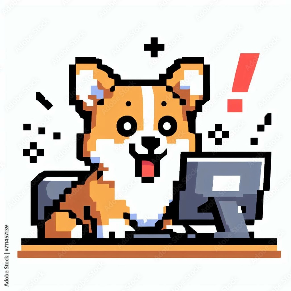 An icon of a Corgi dog typing on a computer with a surprised expression ...