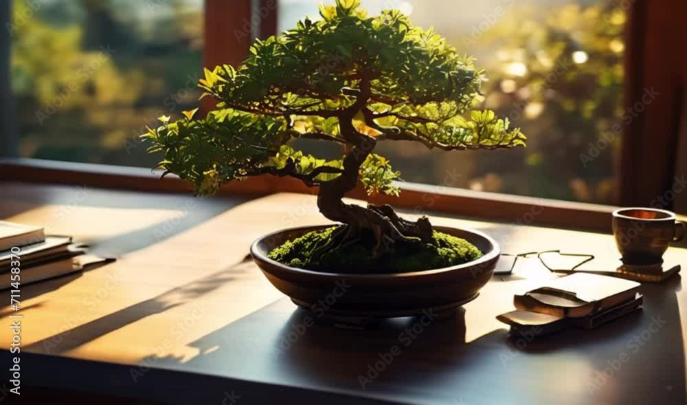 As the sunlight streams through the window, it illuminates the bonsai ...