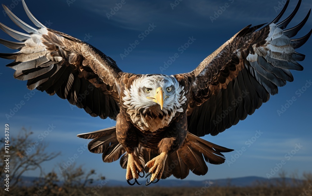 A majestic bald eagle soars through the endless blue sky, its powerful wings and sharp beak a ...