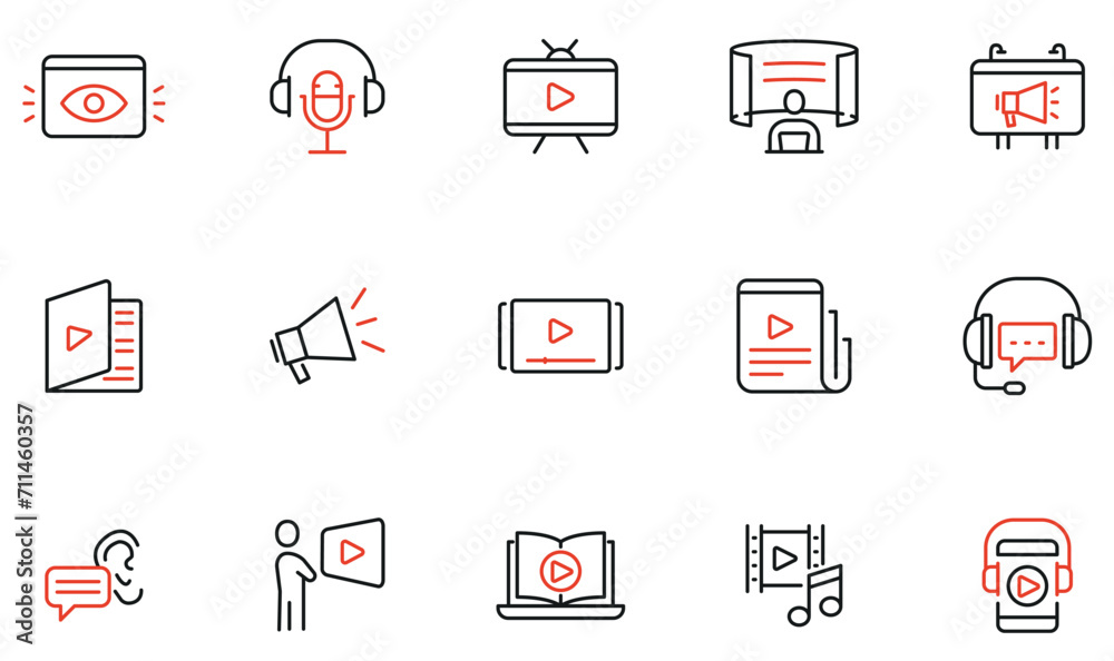 Vector Set of linear icons to live video content, online streaming and ...