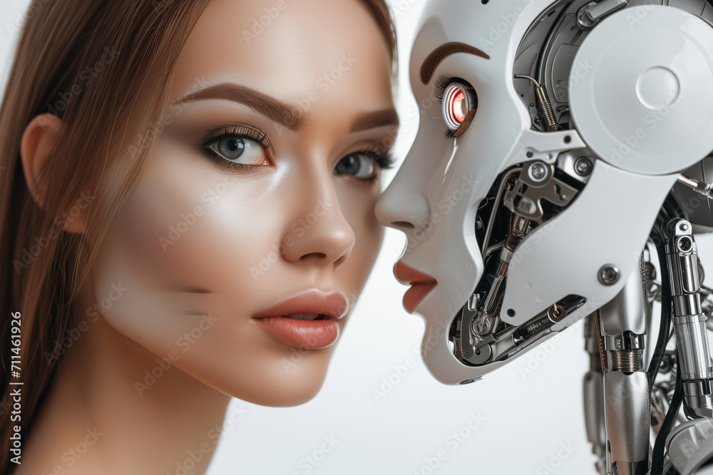 Female and robot face closeup on white background. Innovations of ...