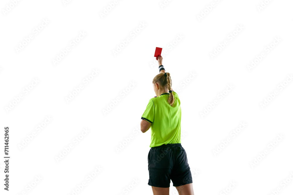 Serious woman, soccer referee gesturing, raising hand, stopping game ...