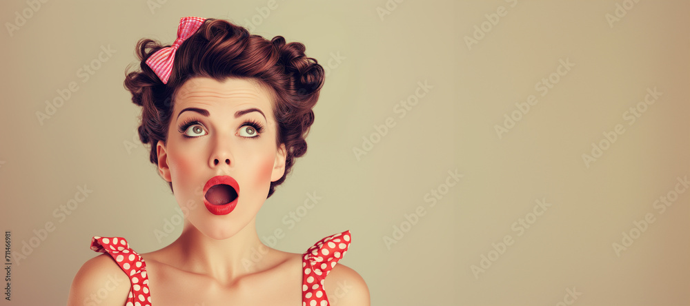 Woman with red lips surprise.Beautiful girl with curly hair surprised ...