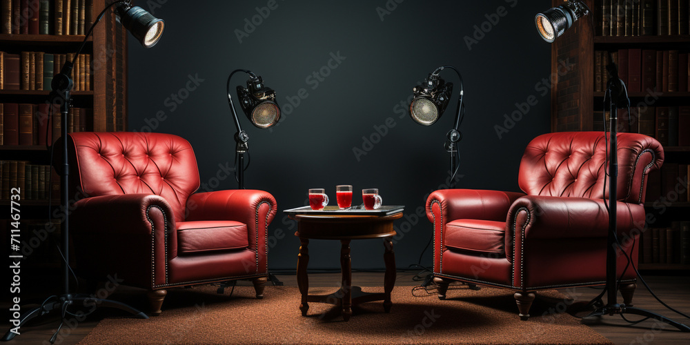 Stylish interior two chairs studio light interview scene. and a table ...