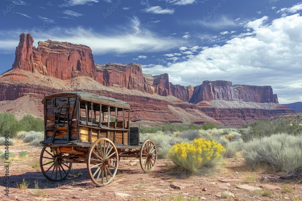 Old stagecoach from the old west, landscape with canyons and desert in ...