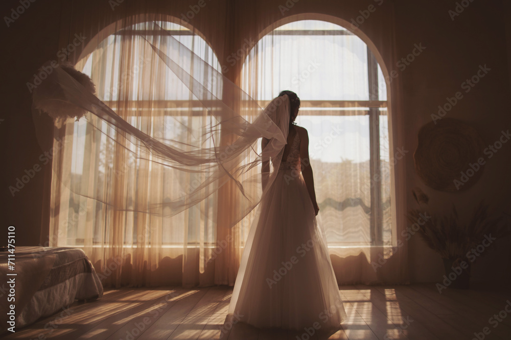 Bride near the window. the bride in a wedding dress, stands back, you ...