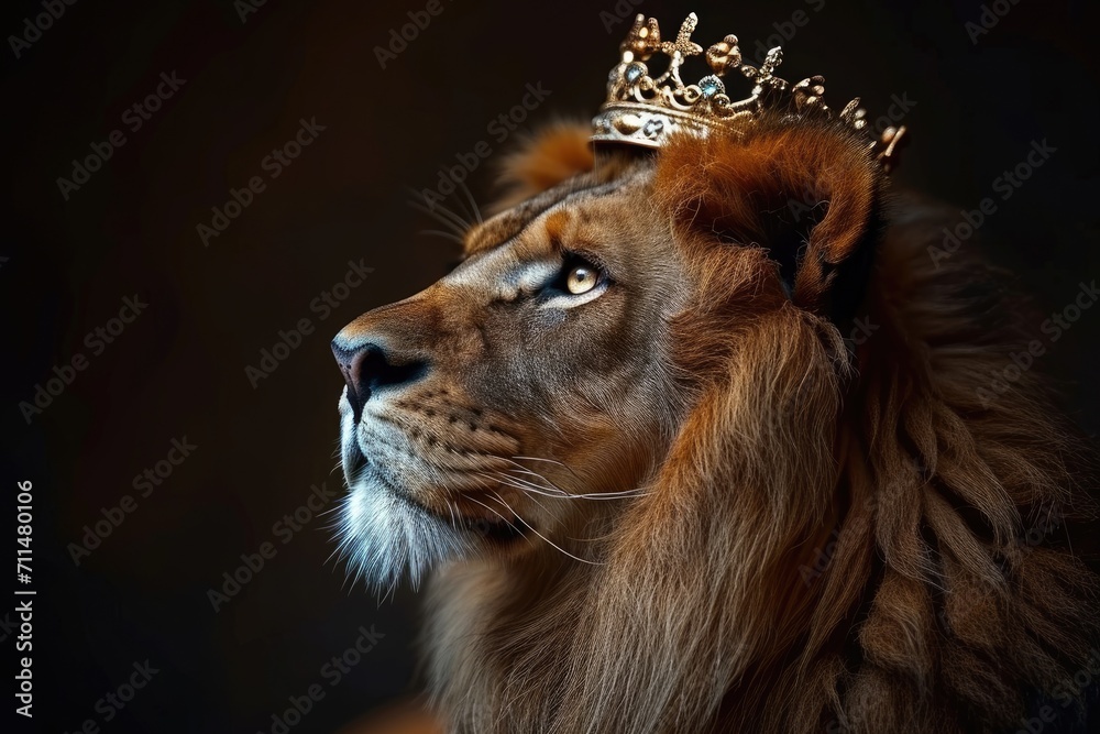Lion king enthroned on throne with crown and rod of power, majestic ...