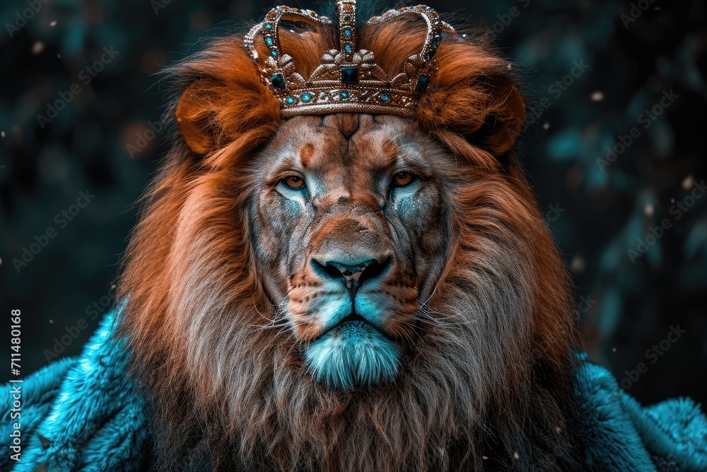 Lion king enthroned on throne with crown and rod of power, majestic ...