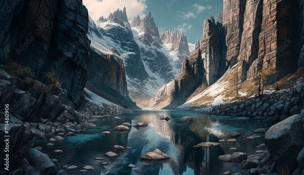 An ultra-realistic alpine scene showcasing towering cliffs and deep ...