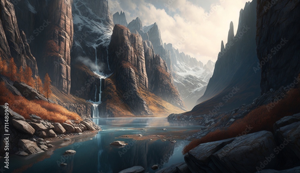 ภาพประกอบสต็อก An ultra-realistic alpine scene showcasing towering ...