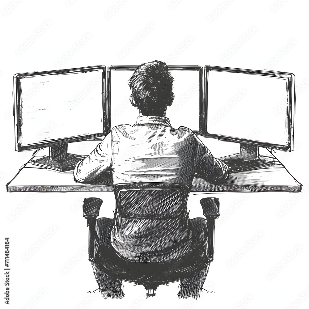 Programmer working with multiple monitors isolated on white background ...