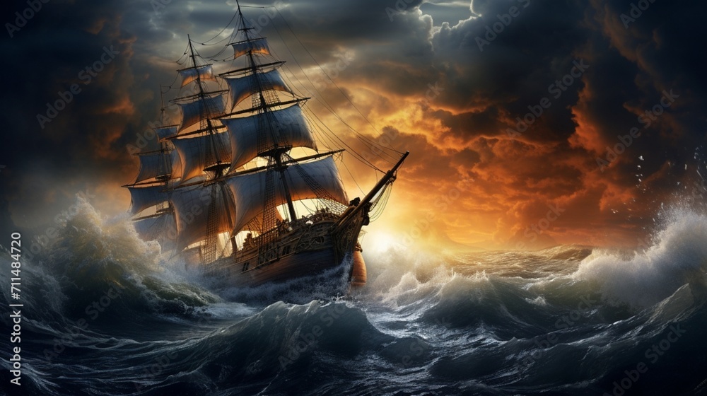 An ultra-realistic depiction of a sailing ship in the midst of a raging ...
