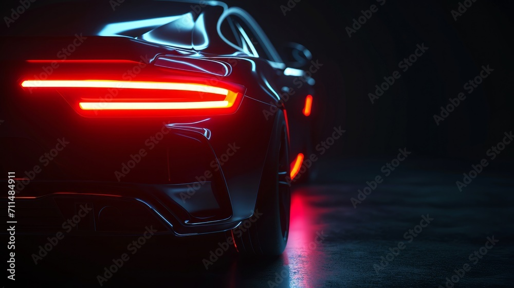 Back of the modern car on dark background with rear LED light close up ...