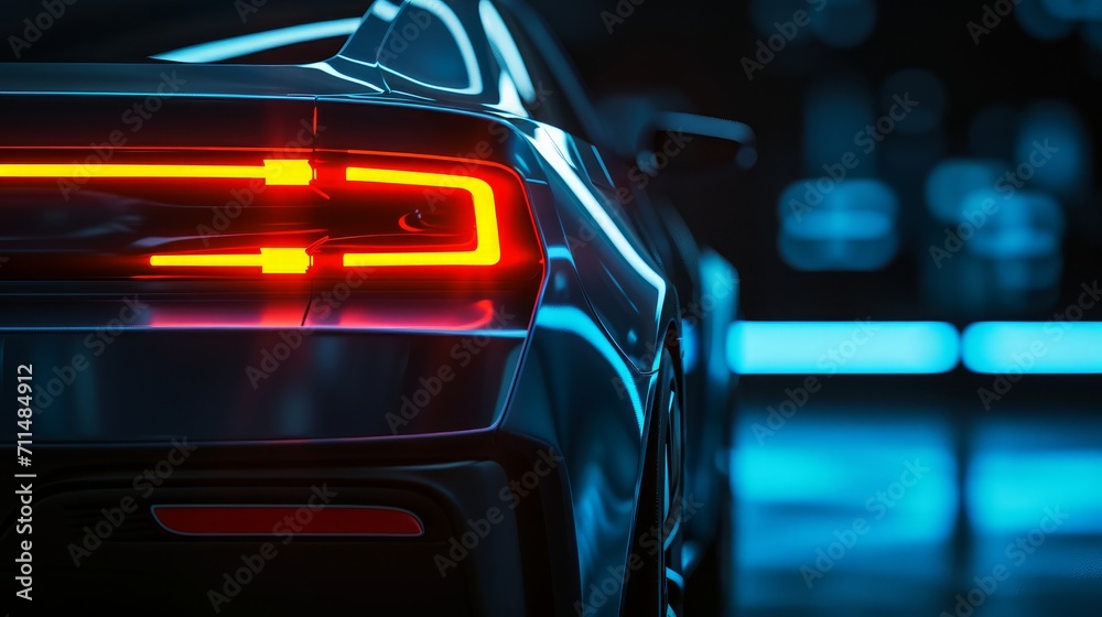 Back of the modern car on dark background with rear LED light close up ...