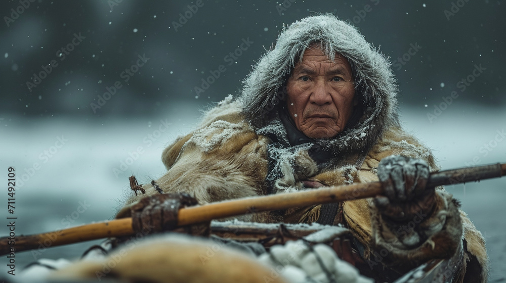 An Inuit woman dressed in warm traditional attire, kayaking through icy ...
