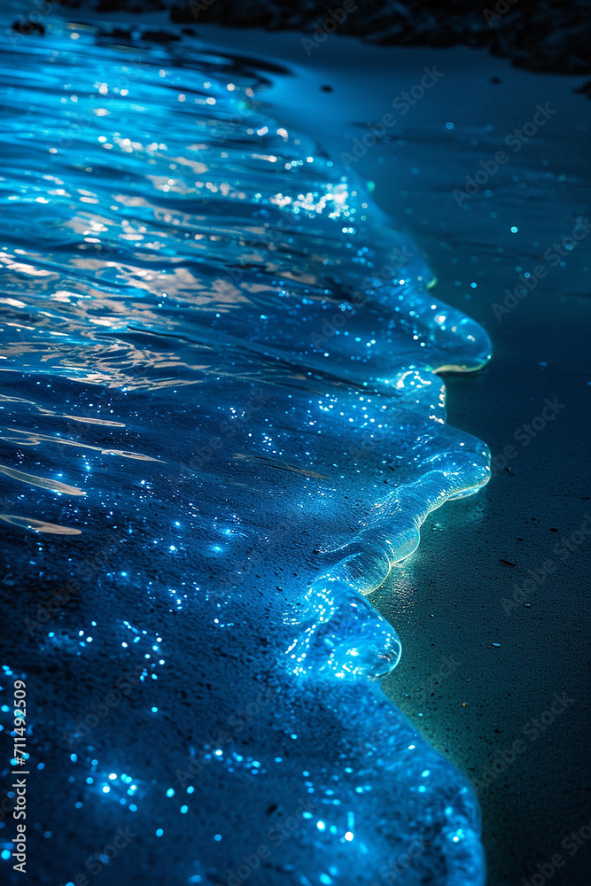 light blue beach covered with colored glowing glass, fluorescent ocean ...