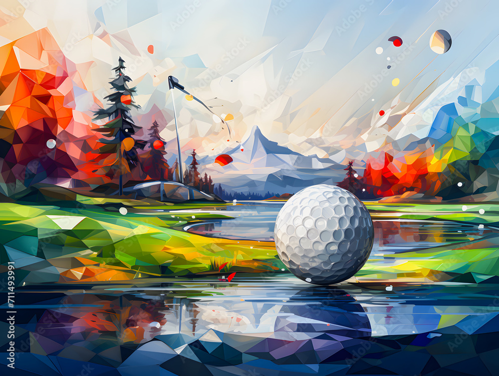 Abstract illustration of a golf course with a golf ball in the ...