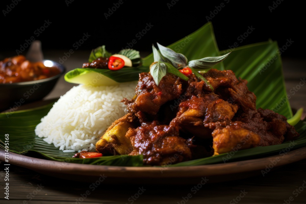 Traditional Indonesian food menu of spicy chicken with rice, served ...