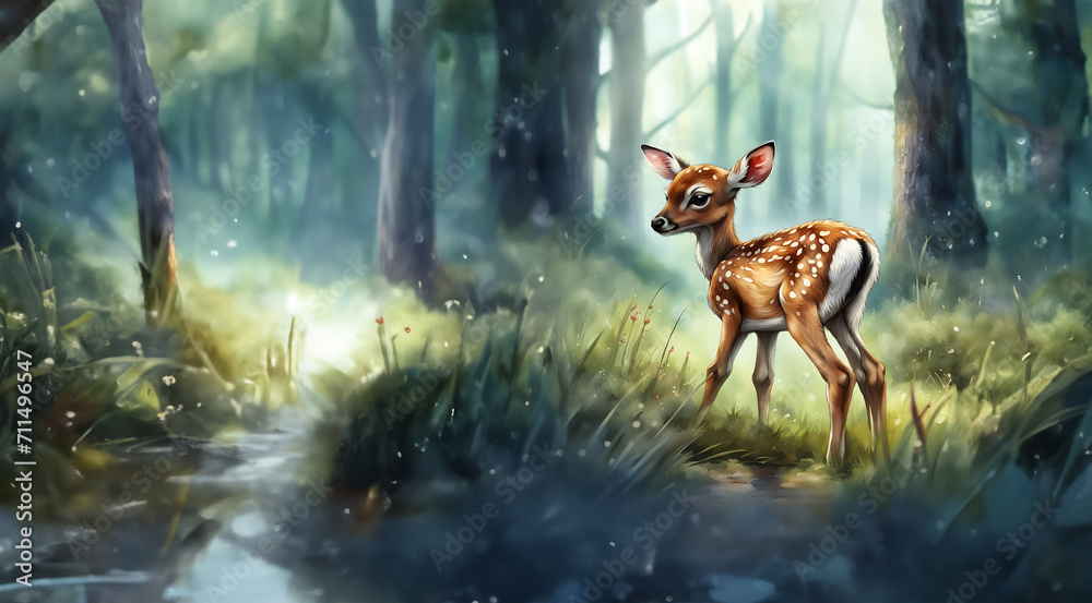 Illustration eines niedlichen kleinen Reh Kitz Tier Baby stehend mit ...