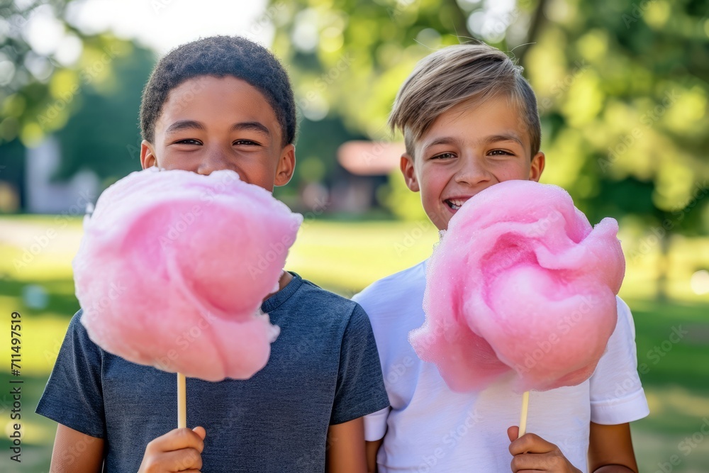 Smiling children with cotton candy delights, a charming and joyful ...