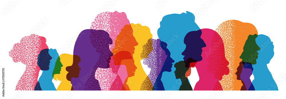Different people stand side by side together. Group colored silhouette ...