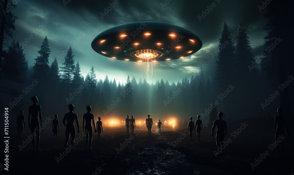 Eerie extraterrestrial beings with slender bodies advancing under a ...