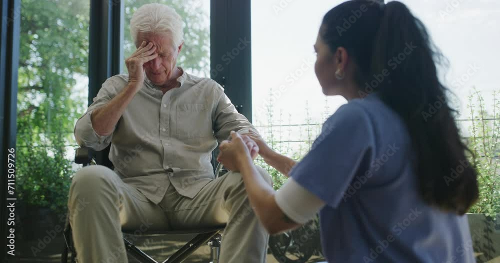 Wheelchair, caregiver and senior man sad over disease diagnosis ...