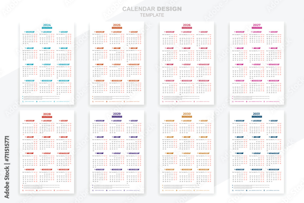 Vector set of minimal calendars design 2024, 2025, 2026, 2027, 2028 ...