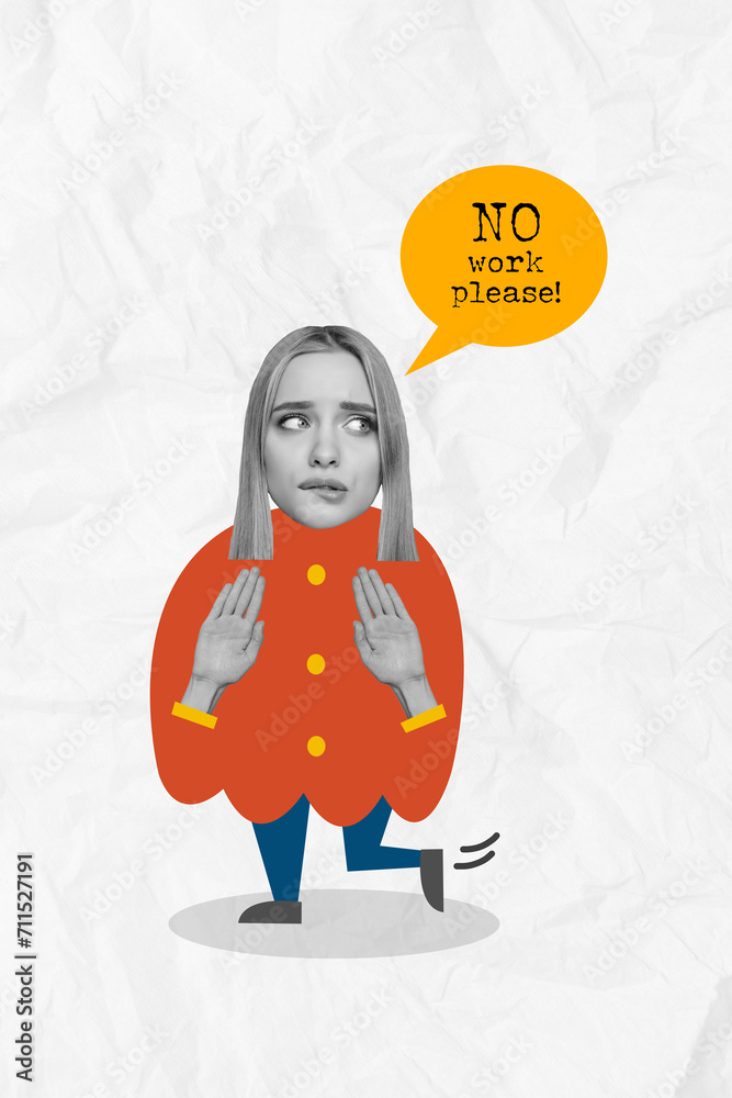 Collage image picture of lazy girl avoid ignore work say no work please ...