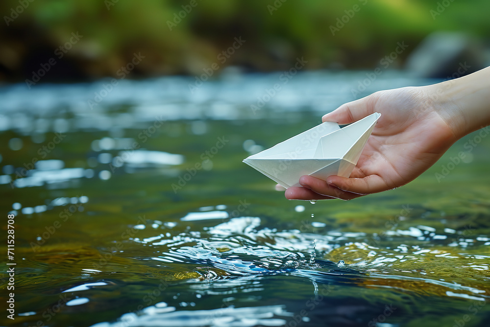 Individual releasing a paper boat with a heartfelt message into a river ...