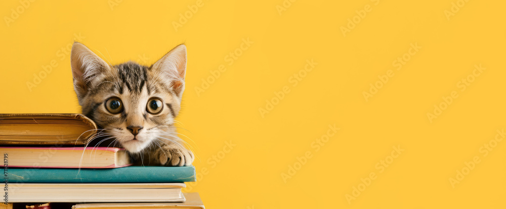 Cute fluffy cat peeks out from behind a stack of books on a yellow ...