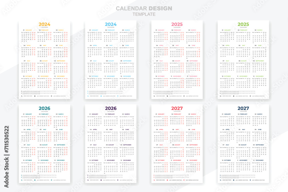 Vector bundle simple calendars template 2024, 2025, 2026, 2027, 2028 ...