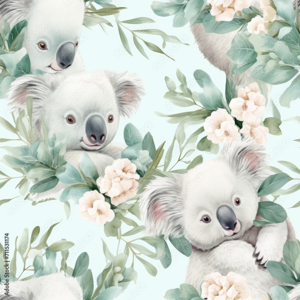 Koala cute plush Seamless Pattern. Fluffy, fur koala bear tile in ...