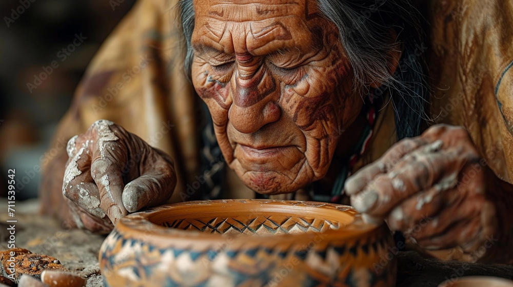 A close-up shot of a Native American artist creating intricate pottery ...