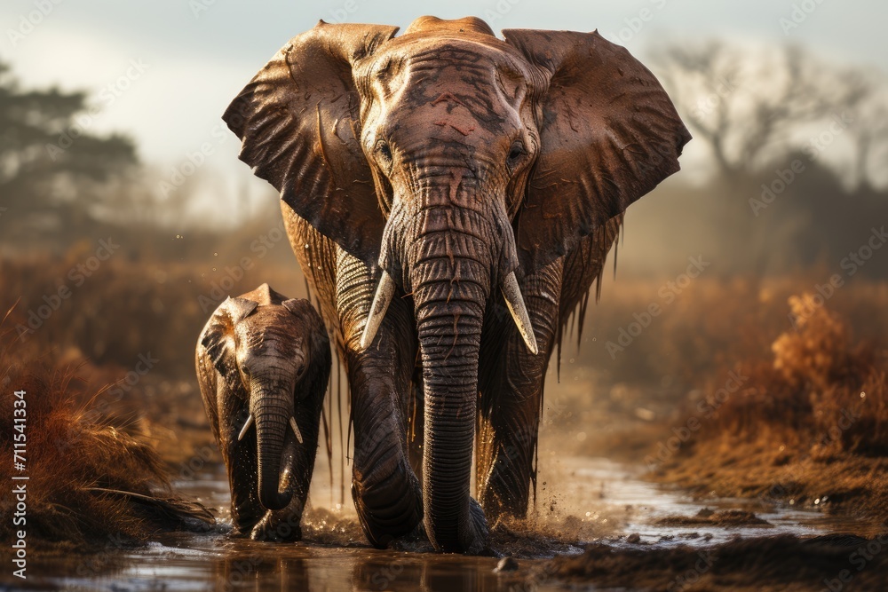 A majestic herd of terrestrial animals, with their impressive tusks and ...