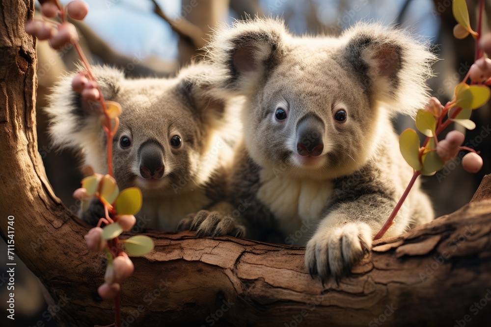Two furry koalas cuddle on a tree branch, showcasing the beauty of ...