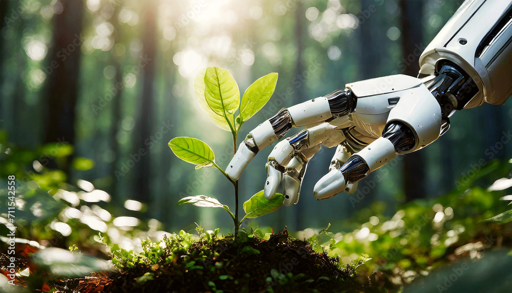 Close-up of a humanoid robot hand touching a small plant with green ...