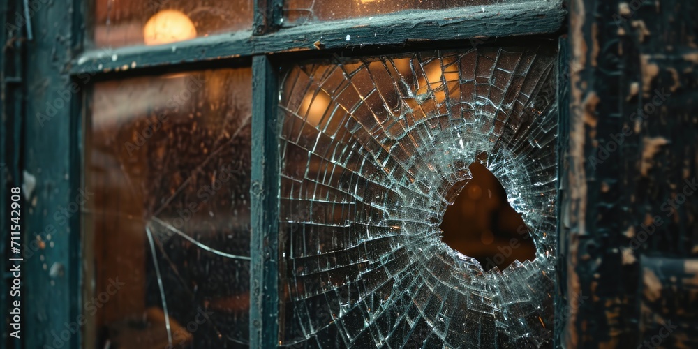 A broken glass window with a visible hole. This image can be used to ...