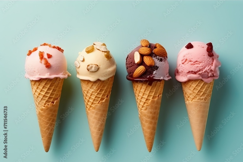 Four soft serve ice creams with different toppings and scattered ...