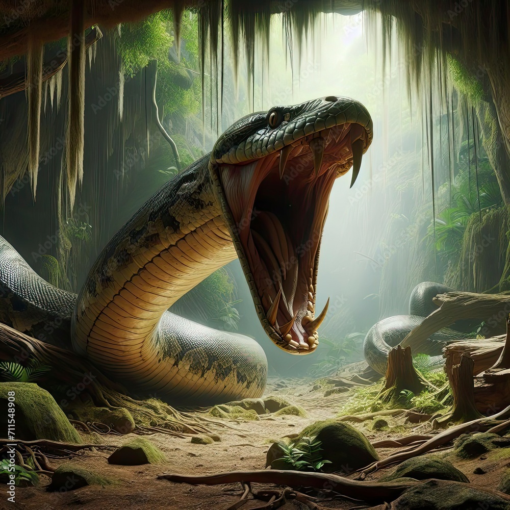 Big Dangerous Green Anaconda Python Snake with Big open mouth teeth ...