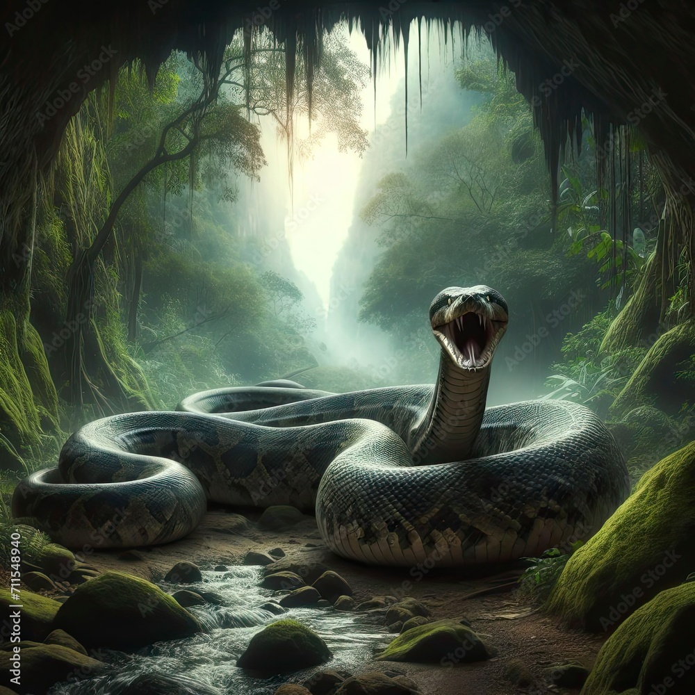 Big Dangerous Green Anaconda Python Snake with Big open mouth teeth ...