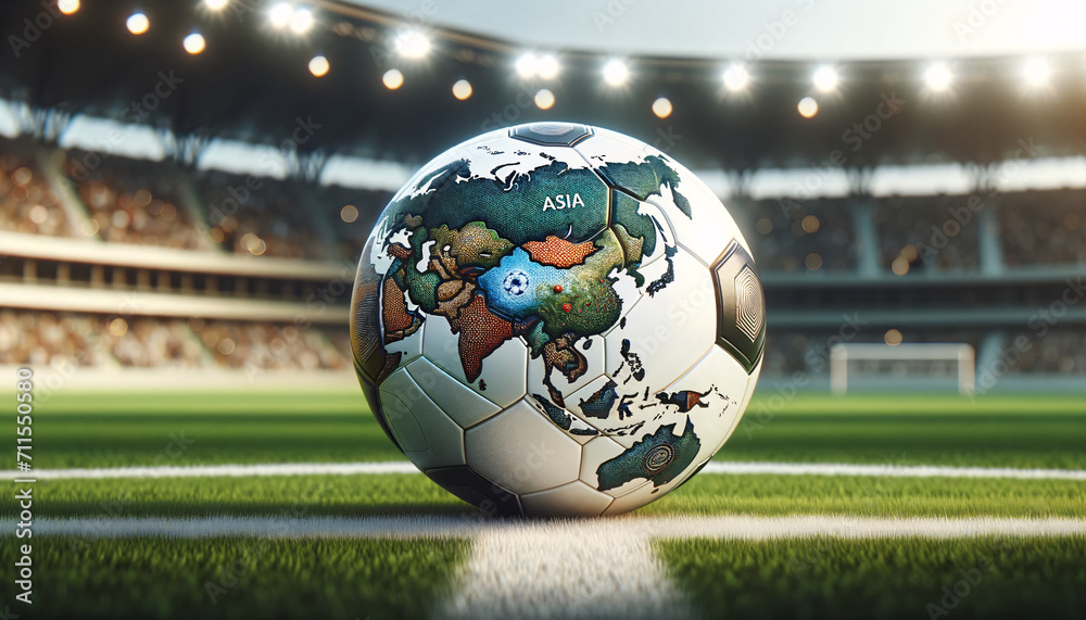 Detailed globe centered on Asia, placed on a lush soccer field under ...