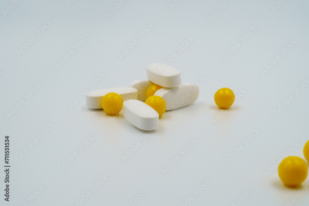 Medicinal tablets, capsules. Vitamin, pharmaceuticals for health. Pills ...