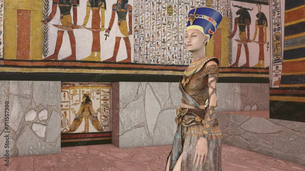 Queen Nefertiti in Tomb with old wall paintings in ancient Egypt ...
