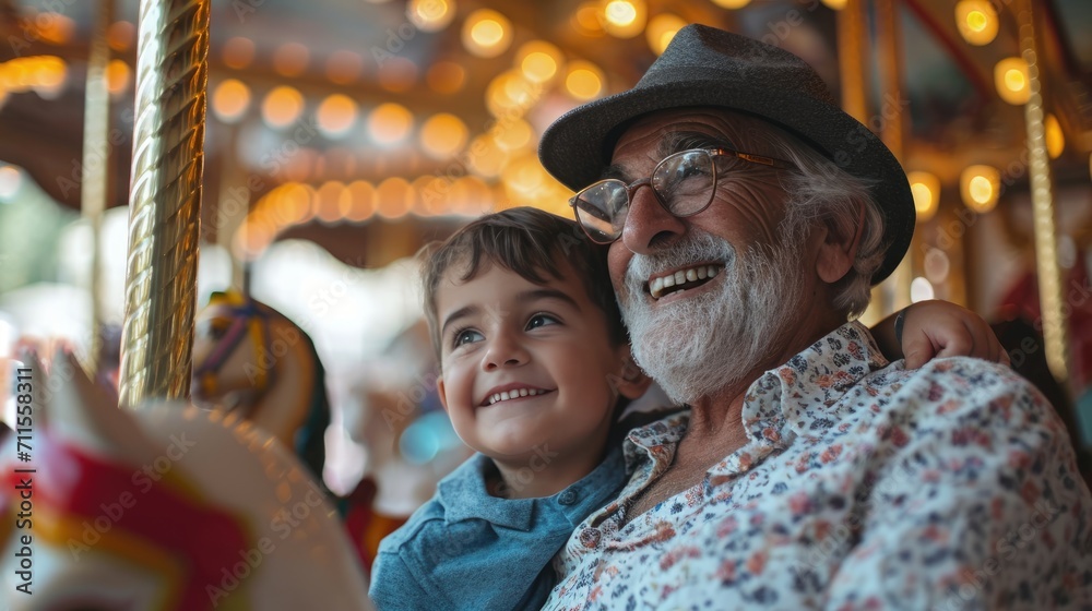 Healthy senior elderly pensioner male with kid enjoy laughing out loud ...