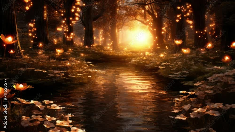 Mystical fantasy forest with a stream and light from a fire. Night walk ...