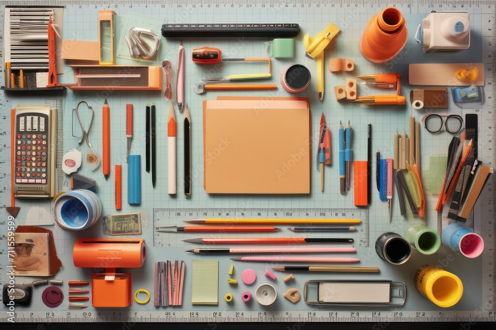 Stationary set up on the table, consisting of notebooks, pens, pencils ...