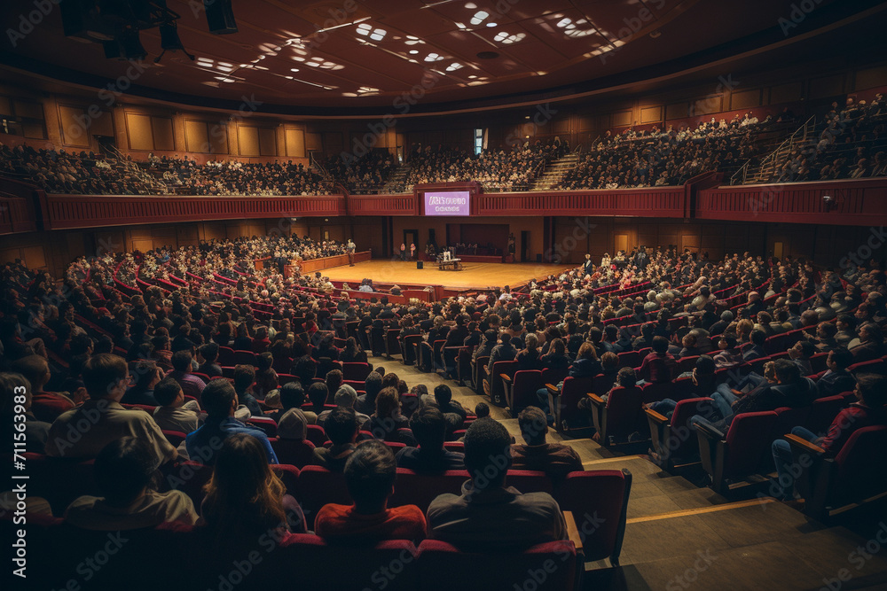 A top-down view of a university auditorium during a guest lecture by a ...
